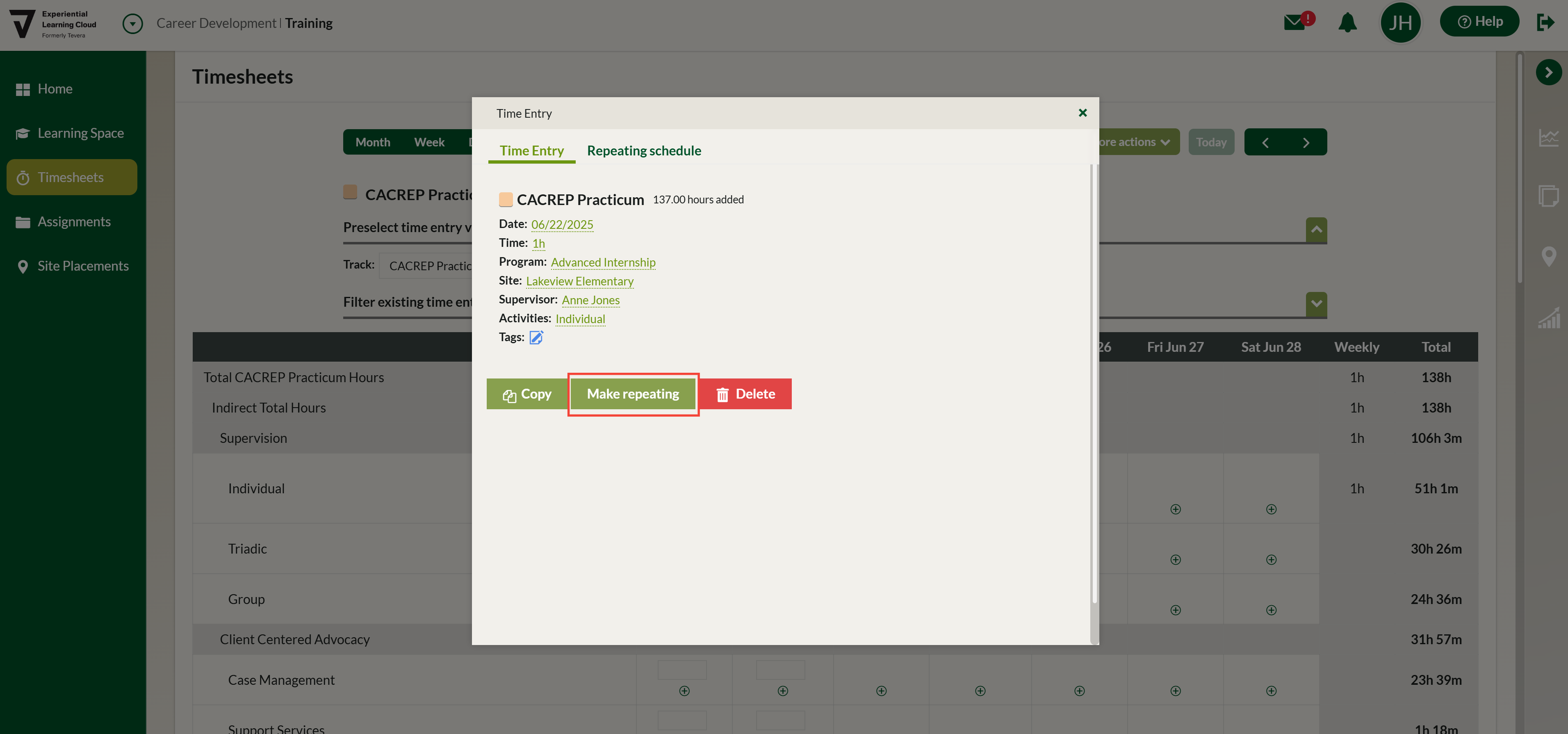 Experiential Learning Cloud Timesheets: Using Repeating Time